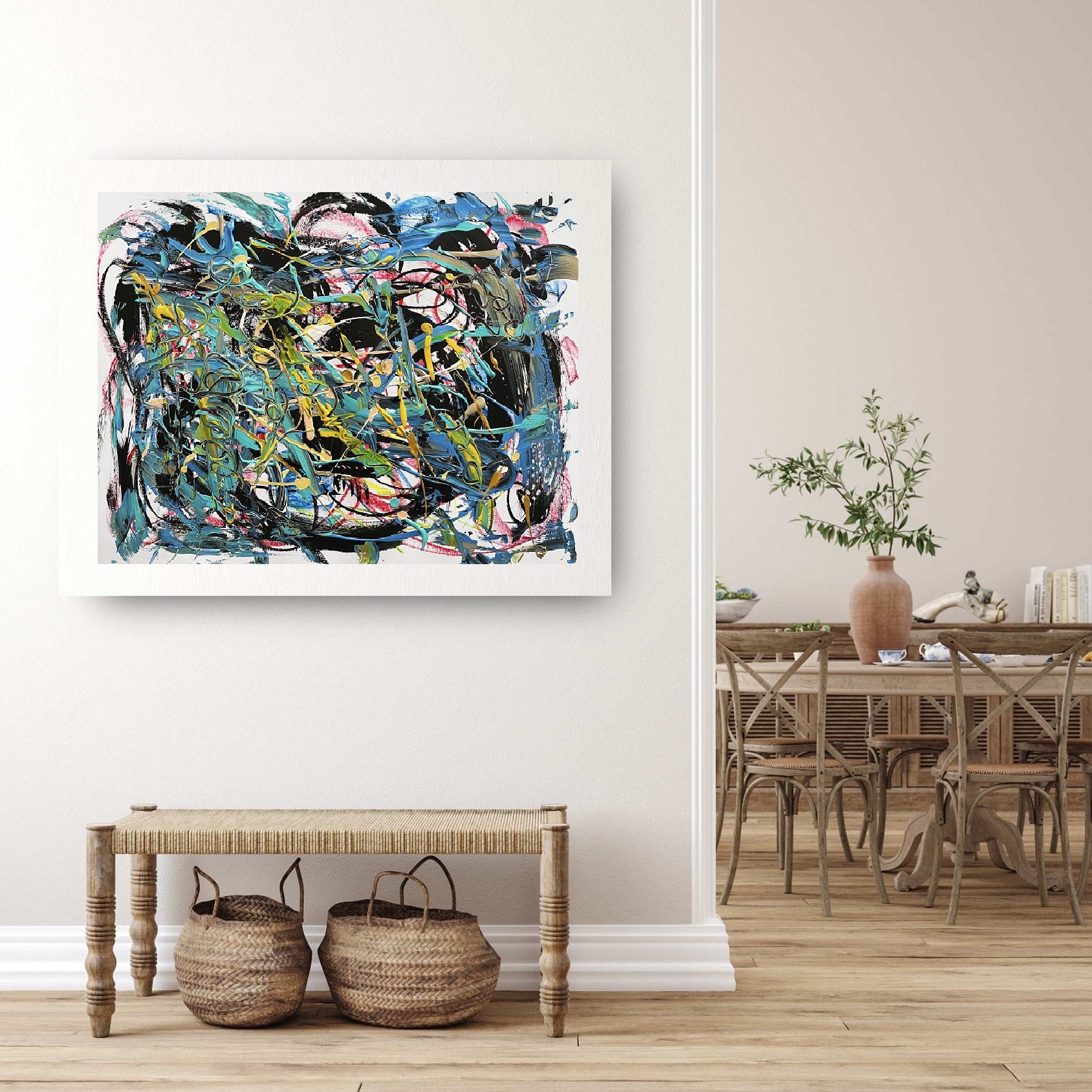 Abstract Painting Jackson Pollock Style Art Black White Green Gray Blue ...