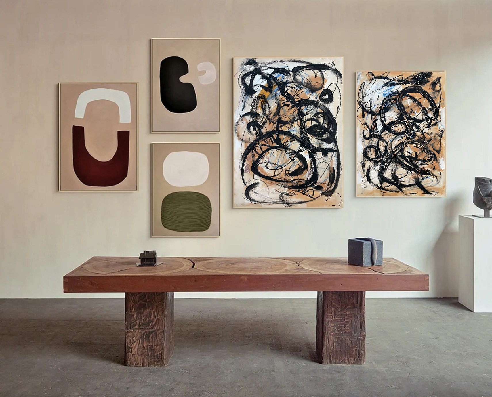 Abstract Painting Jackson Pollock Style Art Beige, Black White Gray ...