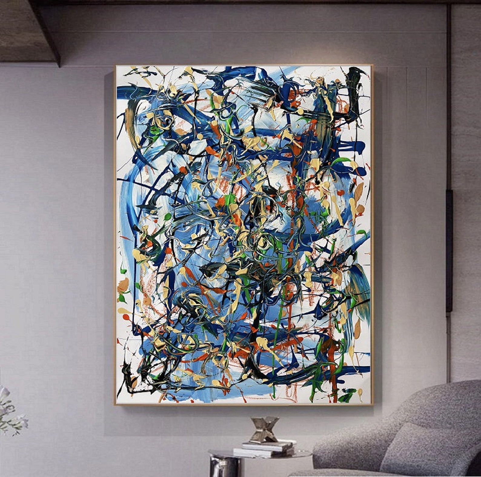 Abstract Painting Jackson Pollock Style Art Black White Green Gray Blue ...