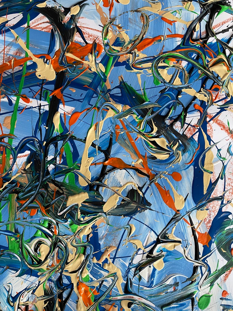 Abstract Painting Jackson Pollock Style Art Black White Green Gray Blue ...