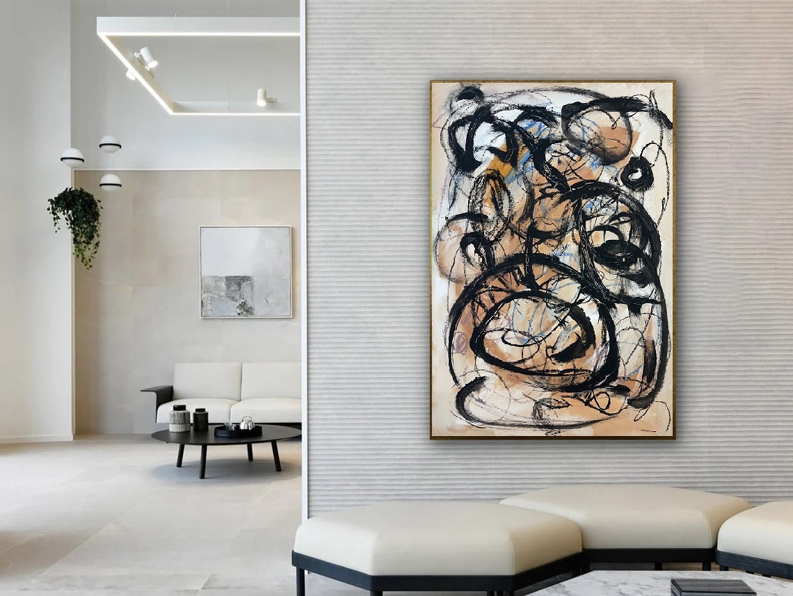 Abstract Painting Jackson Pollock Style Art Beige, Black White Gray ...