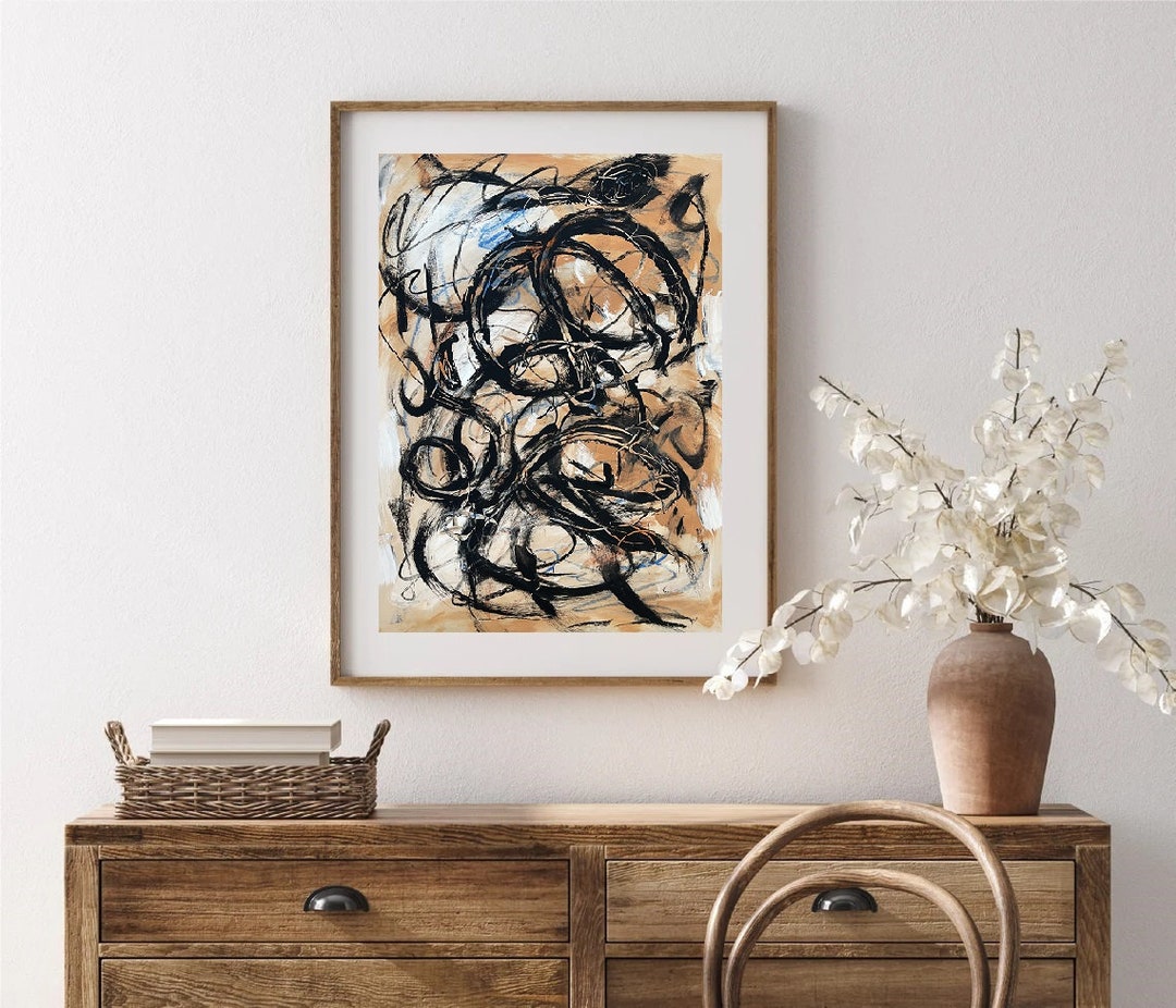 Abstract Painting Jackson Pollock Style Art Beige, Black White Gray ...