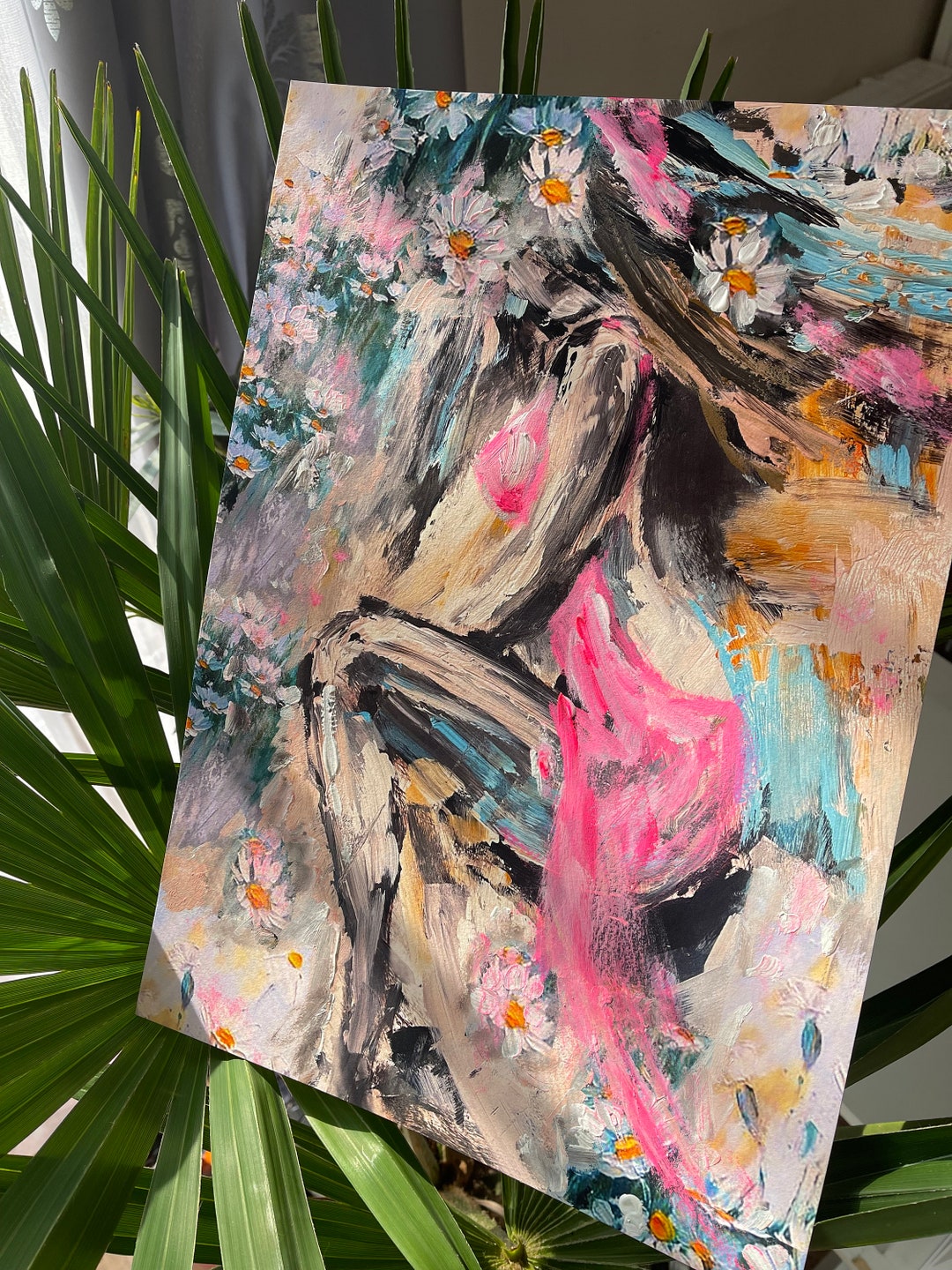 Oryginal Painting, Female, Girl, Blue, Orange, Pink Colors, Flowers ...