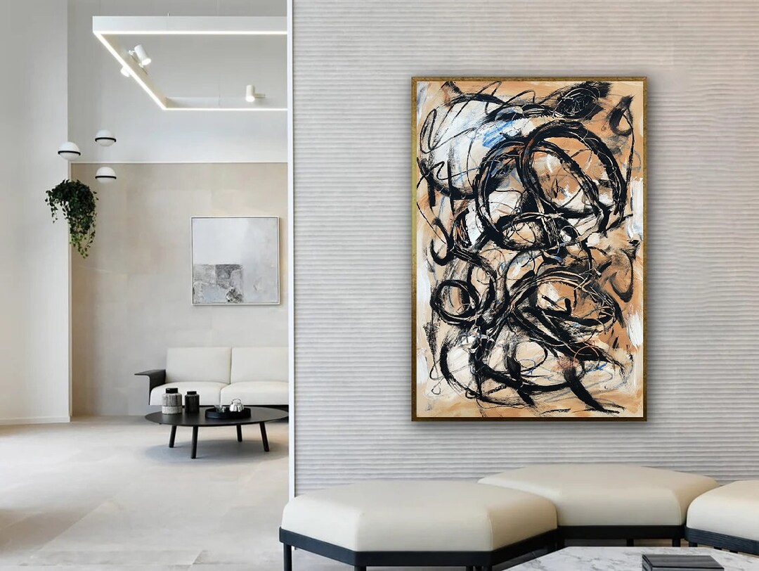 Abstract Painting Jackson Pollock Style Art Beige, Black White Gray ...