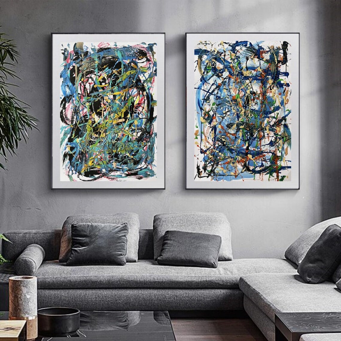 Abstract Painting Jackson Pollock Style Art Black White Green Gray Blue ...