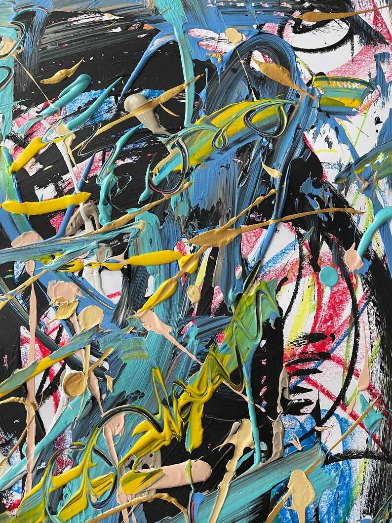 Abstract Painting Jackson Pollock Style Art Black White Green Gray Blue ...