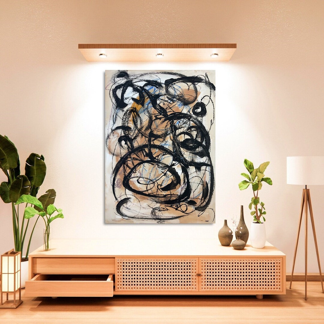 Abstract Painting Jackson Pollock Style Art Beige, Black White Gray ...
