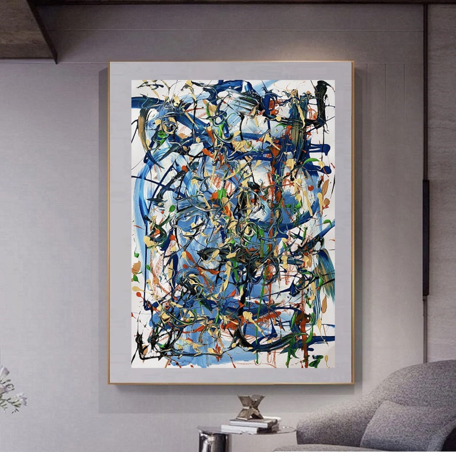 Abstract Painting Jackson Pollock Style Art Black White Green Gray Blue ...