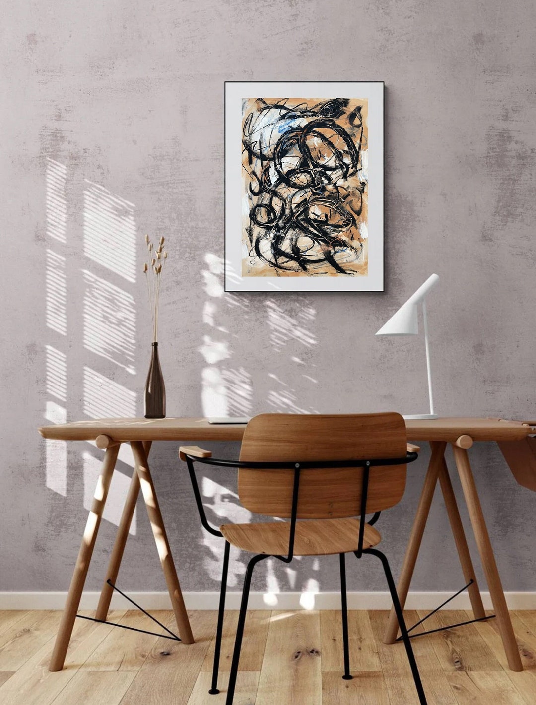Abstract Painting Jackson Pollock Style Art Beige, Black White Gray ...