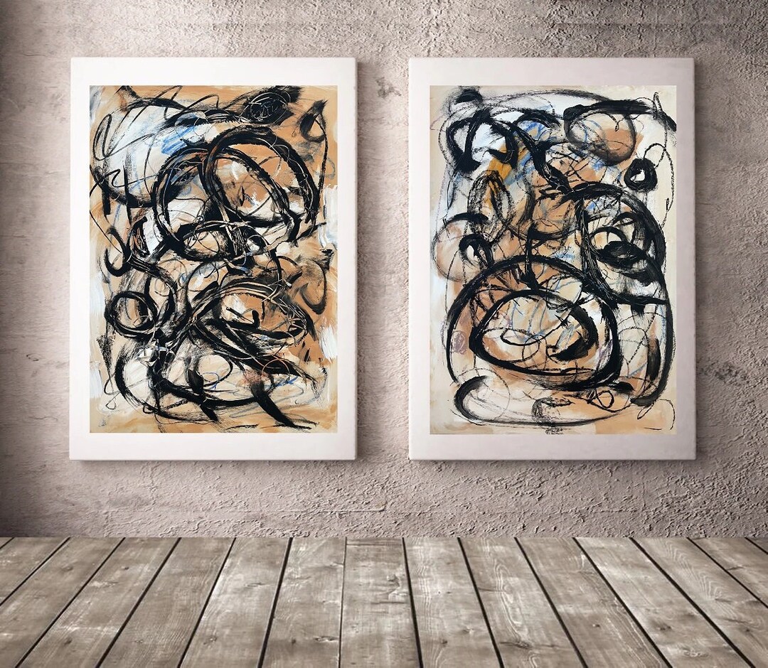 Set 2 Paintings Abstract Jackson Pollock Style Art Black White Gray ...