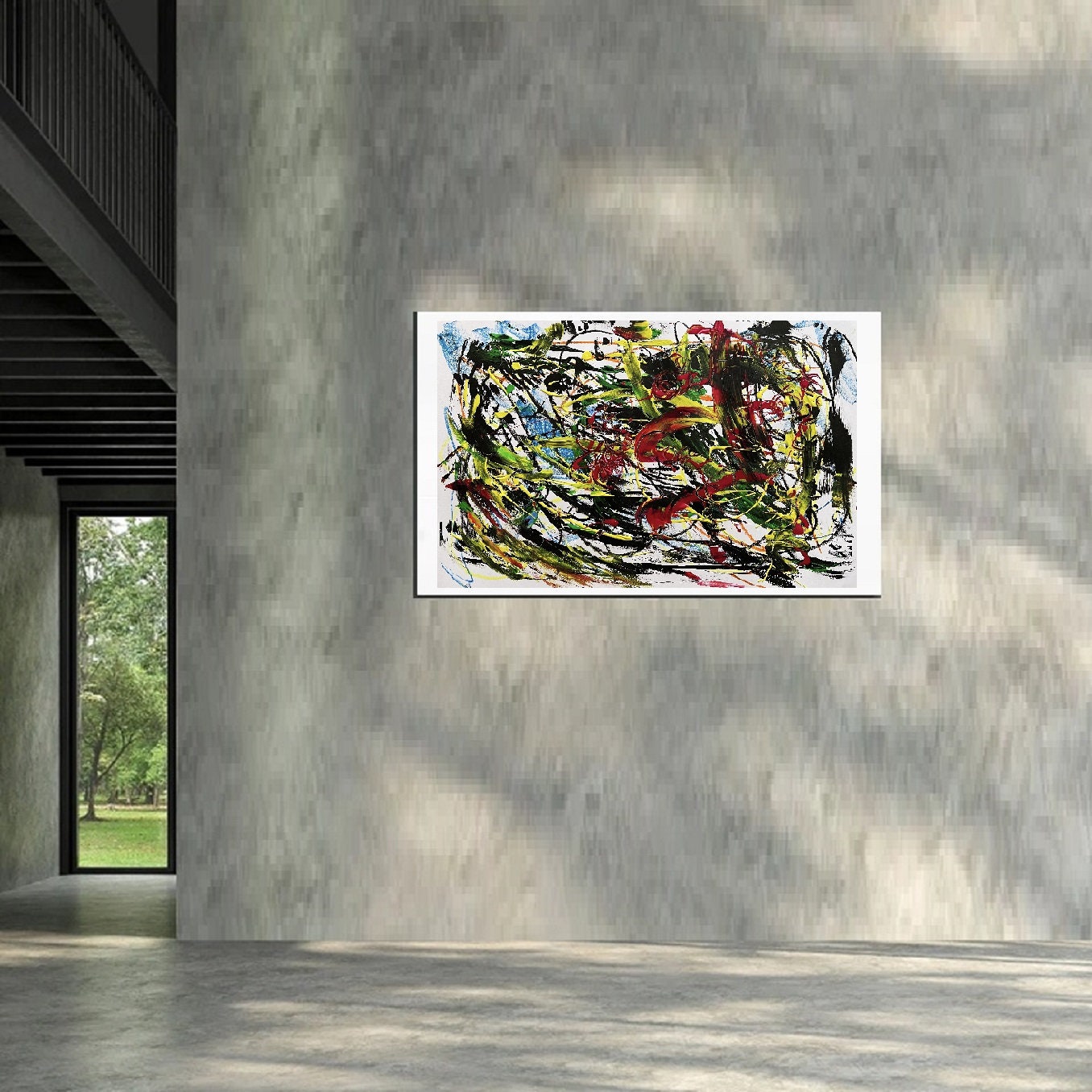 Abstract Painting Jackson Pollock Style Art Black White Green Gray Blue ...