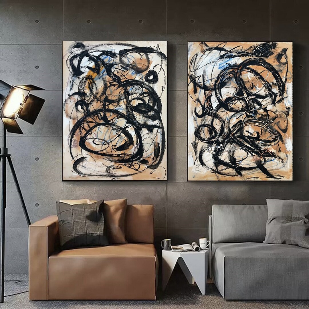 Set 2 Paintings Abstract Jackson Pollock Style Art Black White Gray ...