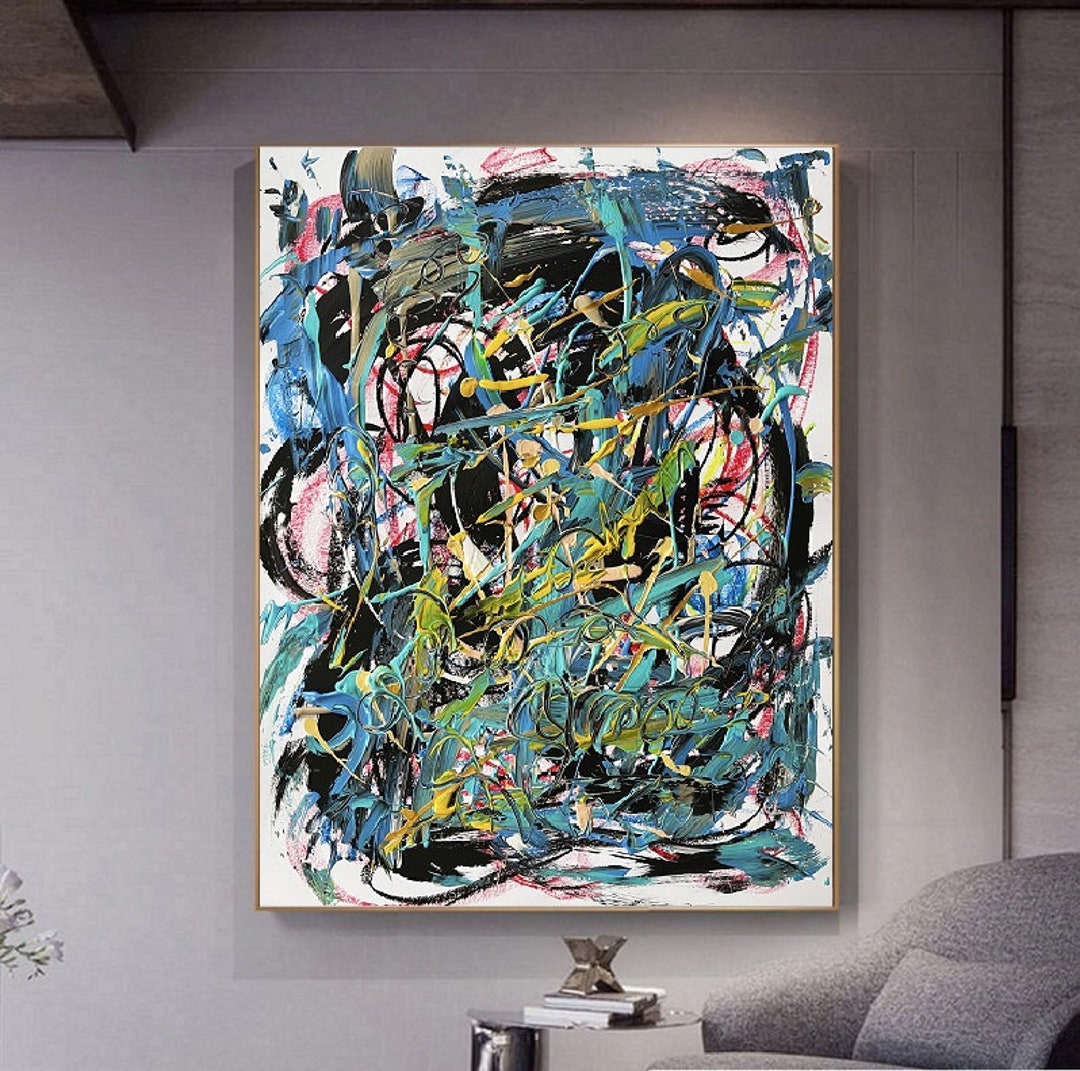 Abstract Painting Jackson Pollock Style Art Black White Green Gray Blue ...