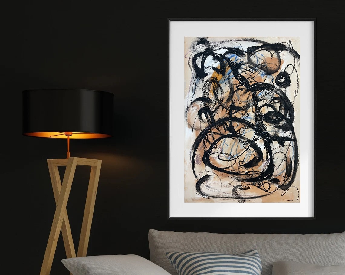 Abstract Painting Jackson Pollock Style Art Beige, Black White Gray ...