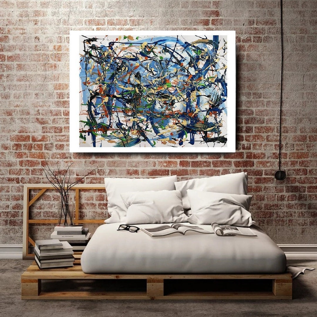 Abstract Painting Jackson Pollock Style Art Black White Green Gray Blue ...