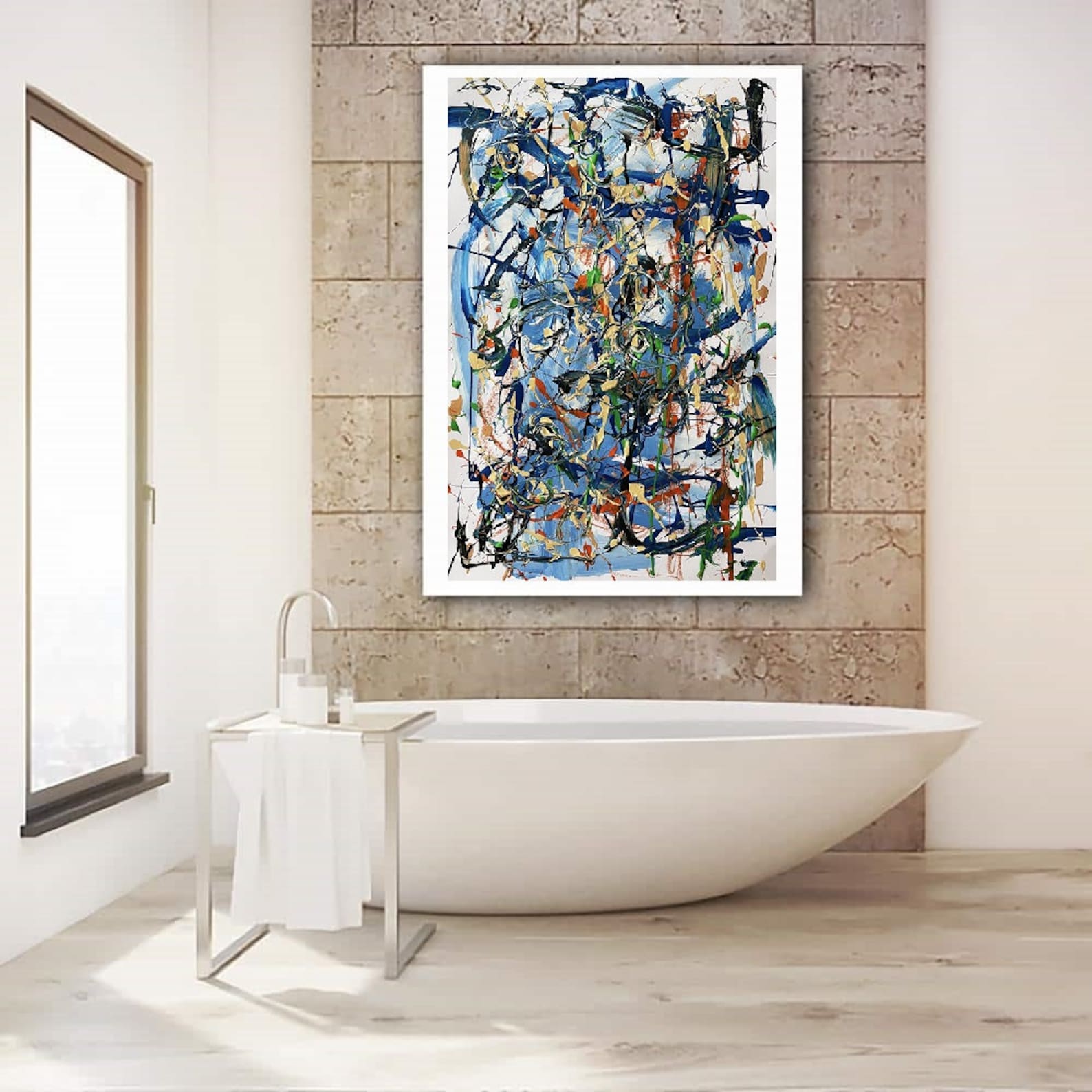 Abstract Painting Jackson Pollock Style Art Black White Green Gray Blue ...