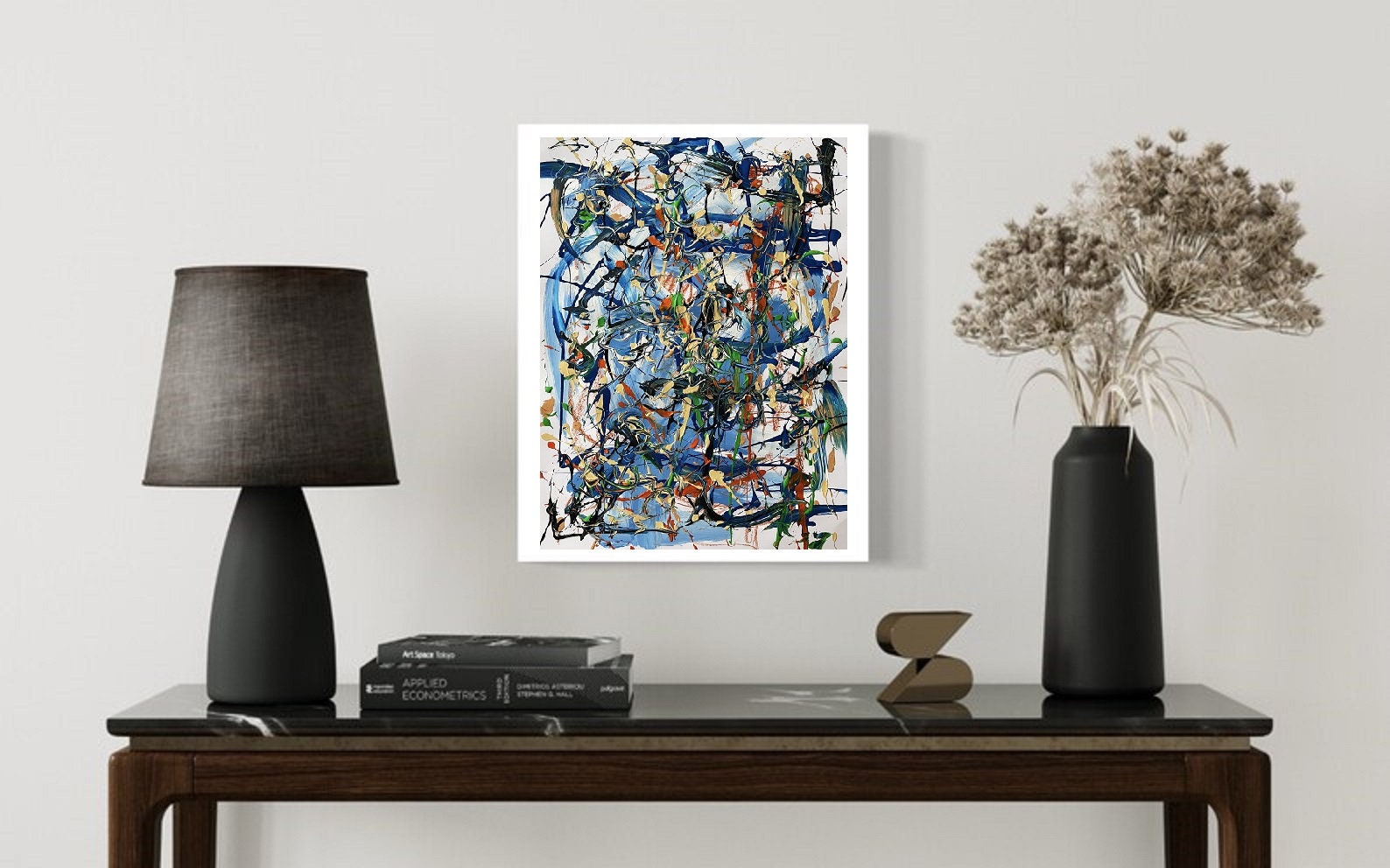 Abstract Painting Jackson Pollock Style Art Black White Green Gray Blue ...