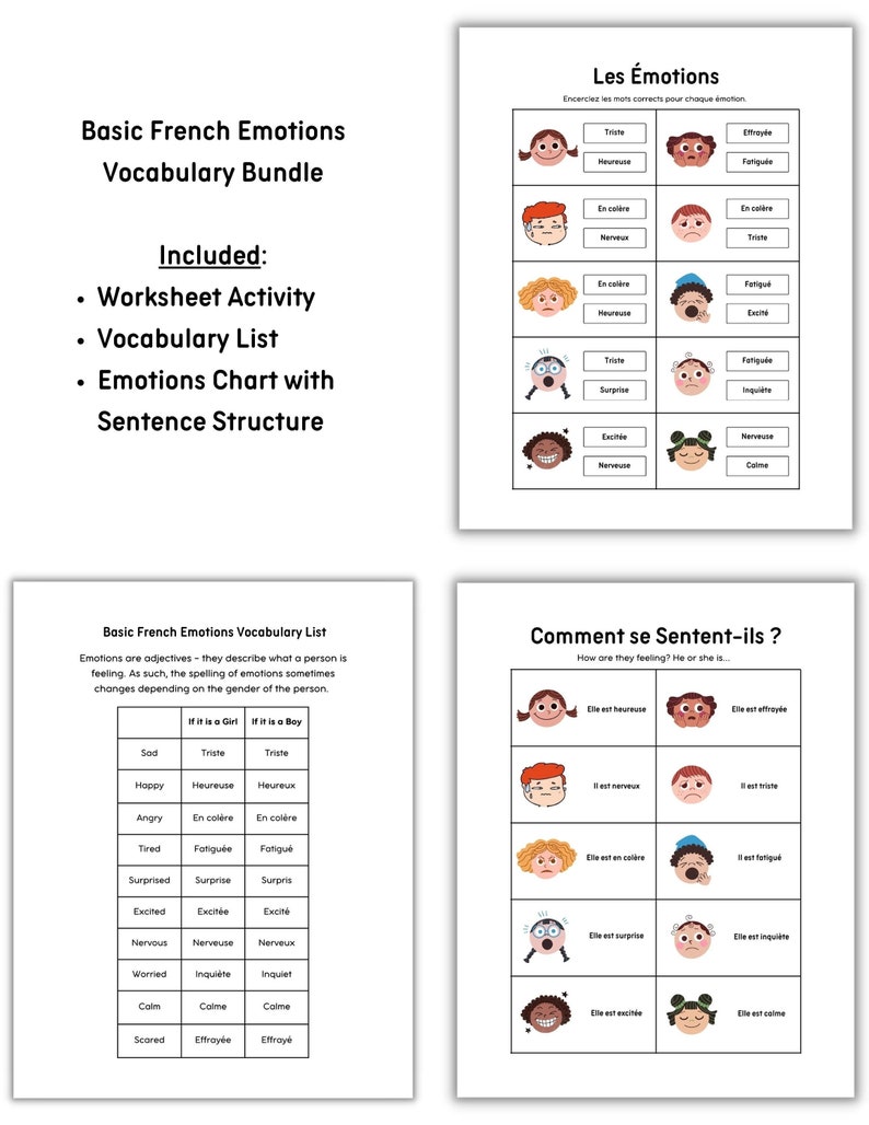 French Emotions Worksheet, Vocabulary, Chart, Activité, émotions ...