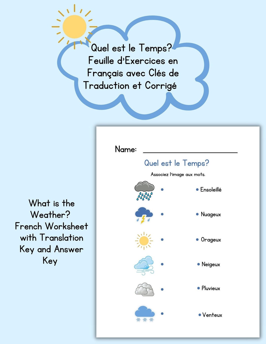French Weather Match Worksheet, Activité D'association Sur La Météo ...