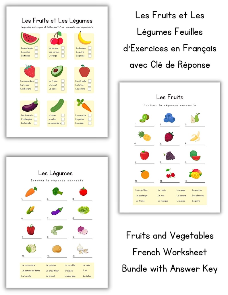 French Fruit and Vegetables Worksheets, Activités Sur Les Fruits Et Les ...
