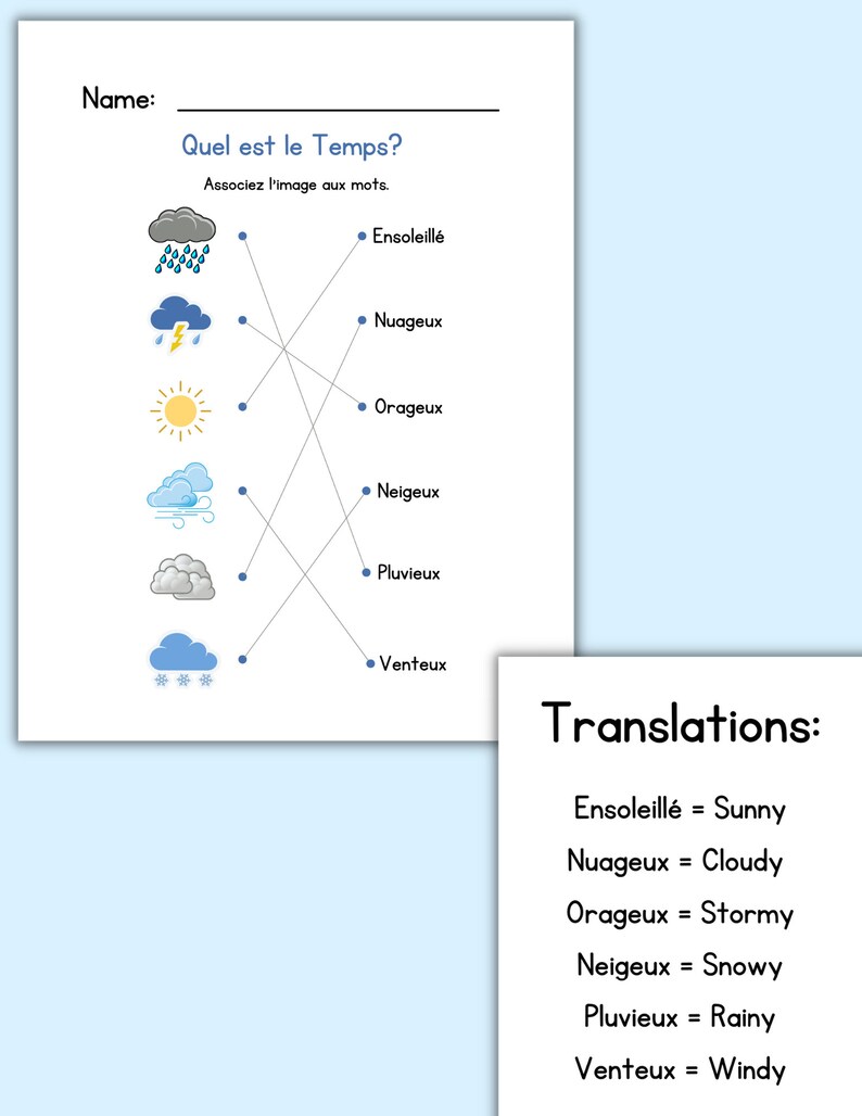 French Weather Match Worksheet, Activité D'association Sur La Météo ...