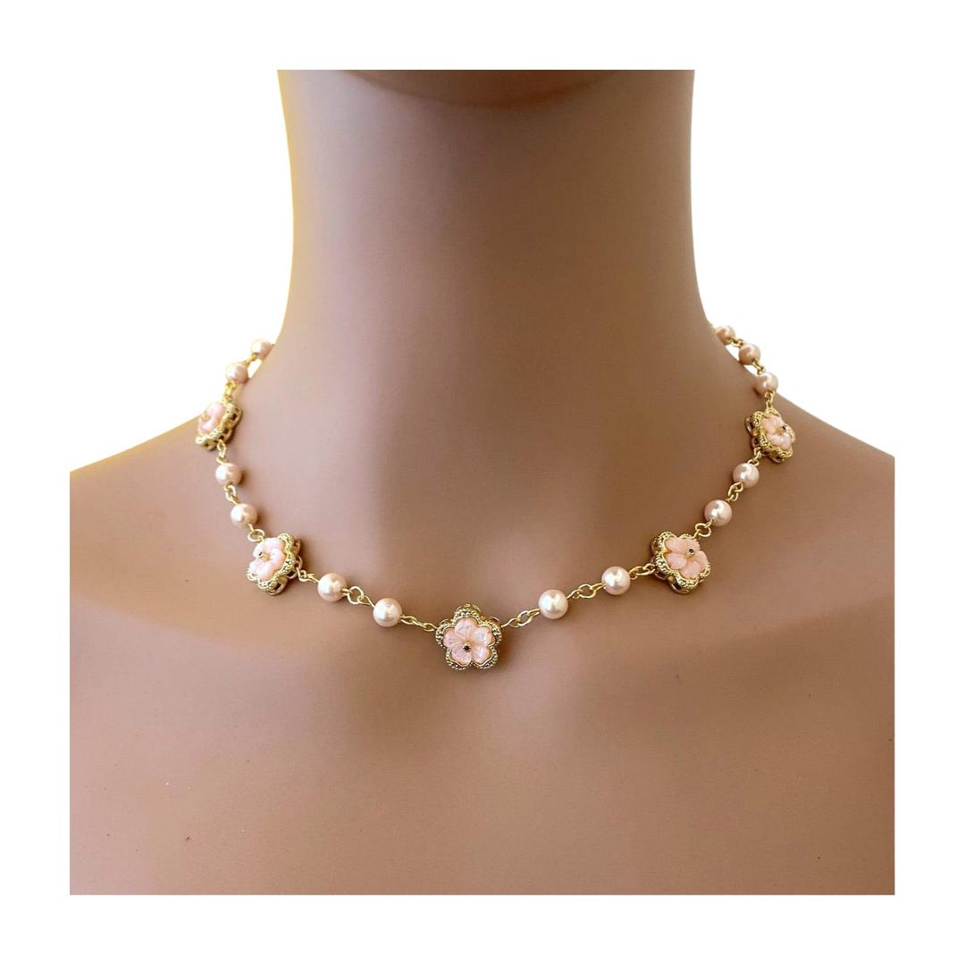 Hanami | Cherry Blossom and Pink Shell Pearl Necklace - Etsy