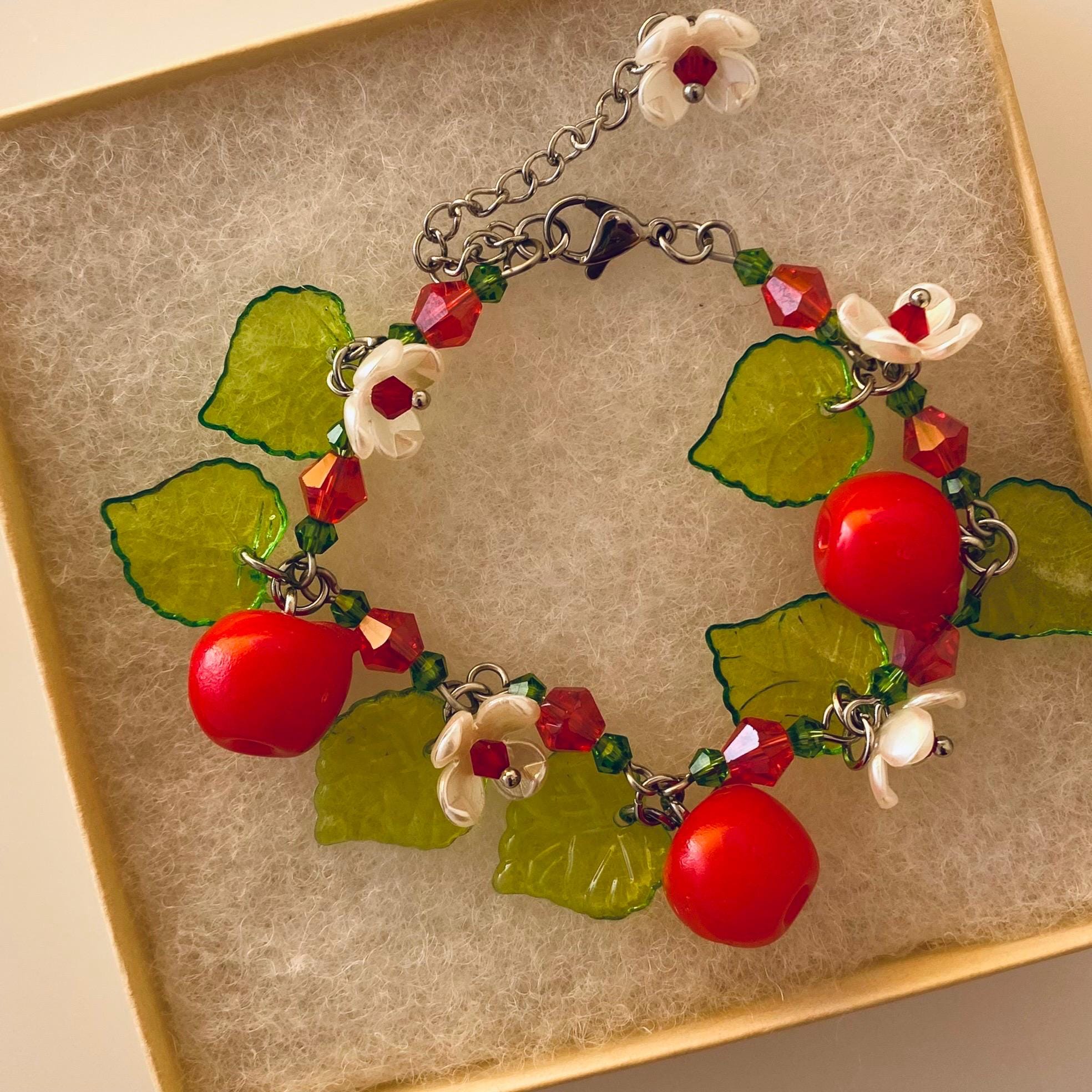 Apple Day | Apple Charm Bracelet With Leaves and Flowers - Etsy