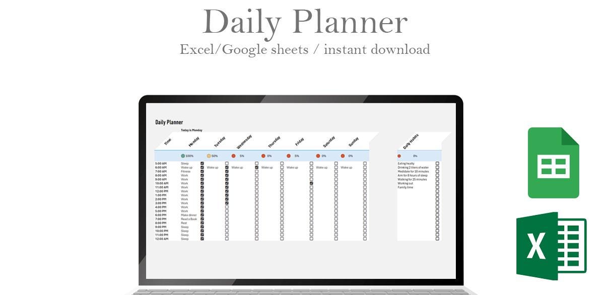 Excel Daily Planner Template | Digital Productivity Spreadsheet - Etsy