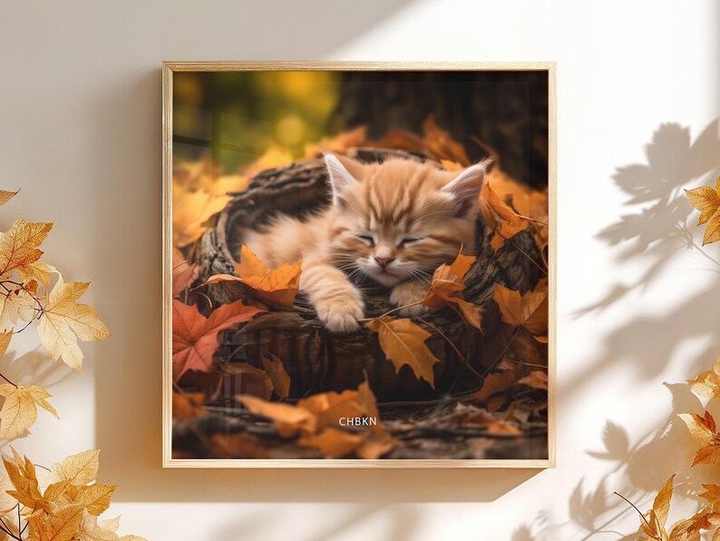 Fall Cat Printable Art — Sleeping Kitten in Autumn Leaves, Instant ...