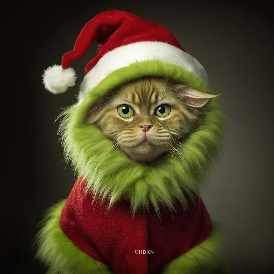 Grinch Cat Christmas Portrait: Whimsical Holiday Wall Art (digital ...
