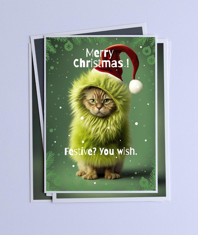 Grinch Cat Christmas Card: 5"x7" Funny Holiday Greeting, 5 Designs ...