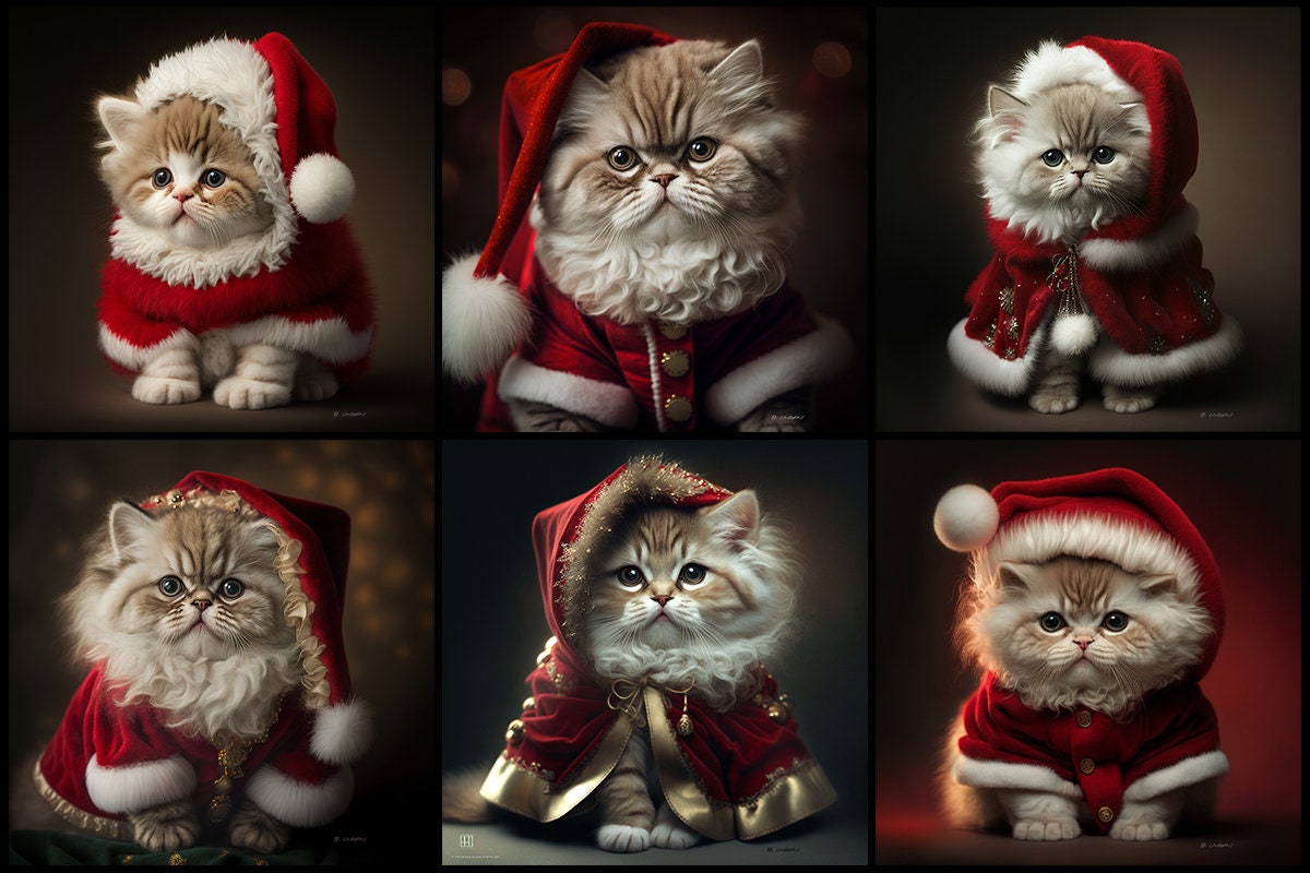 SET of 4 Santa Cat Christmas Pet Portrait Cute Cat Poster - Etsy