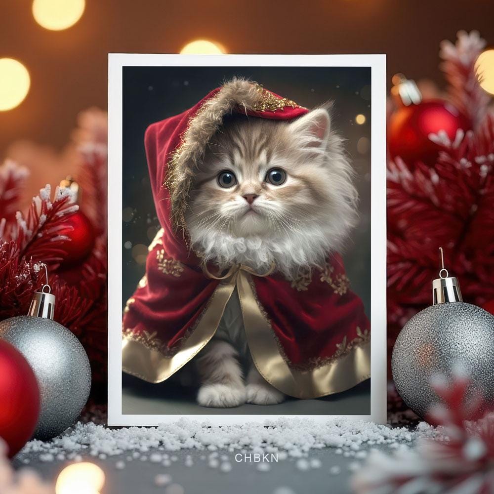 SET of 4, Santa Cat, Christmas Pet Portrait, Cute Cat Poster Print ...