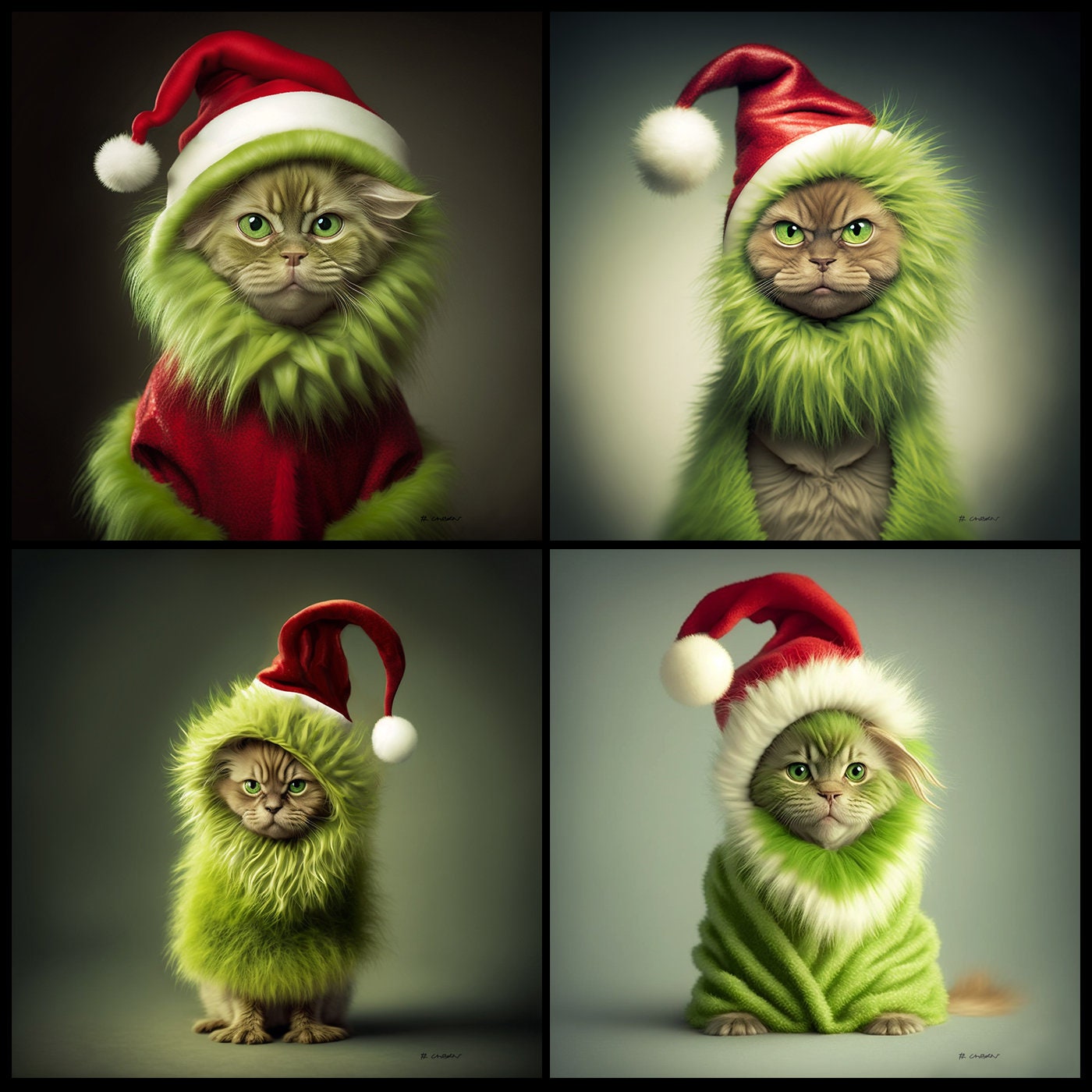 SET of 4, Grinch, Grinchy Cat Poster Print, Christmas Gift Printable ...