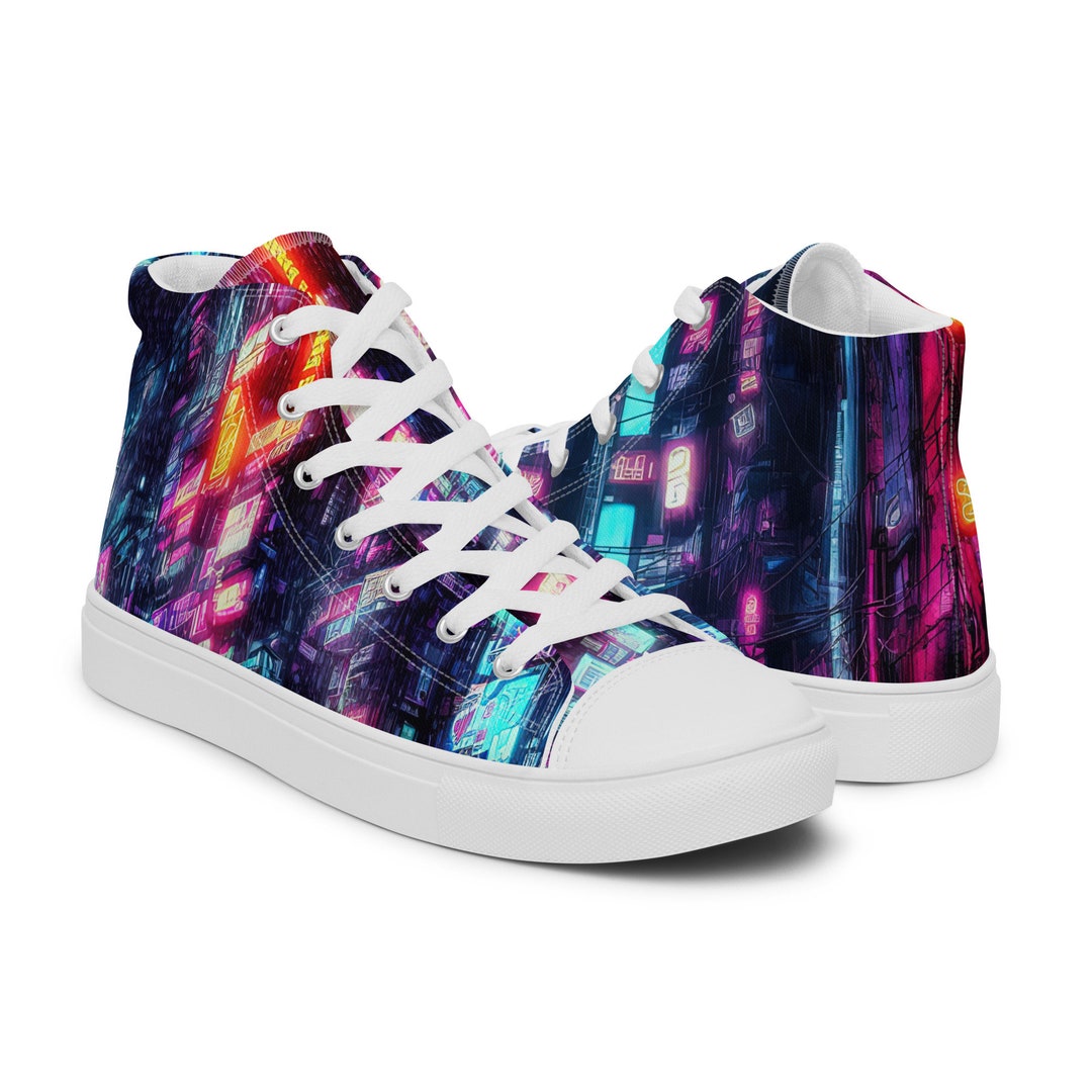 Womens Cyberpunk High Top Sneakers: Neon Cityscape Trainers - Etsy