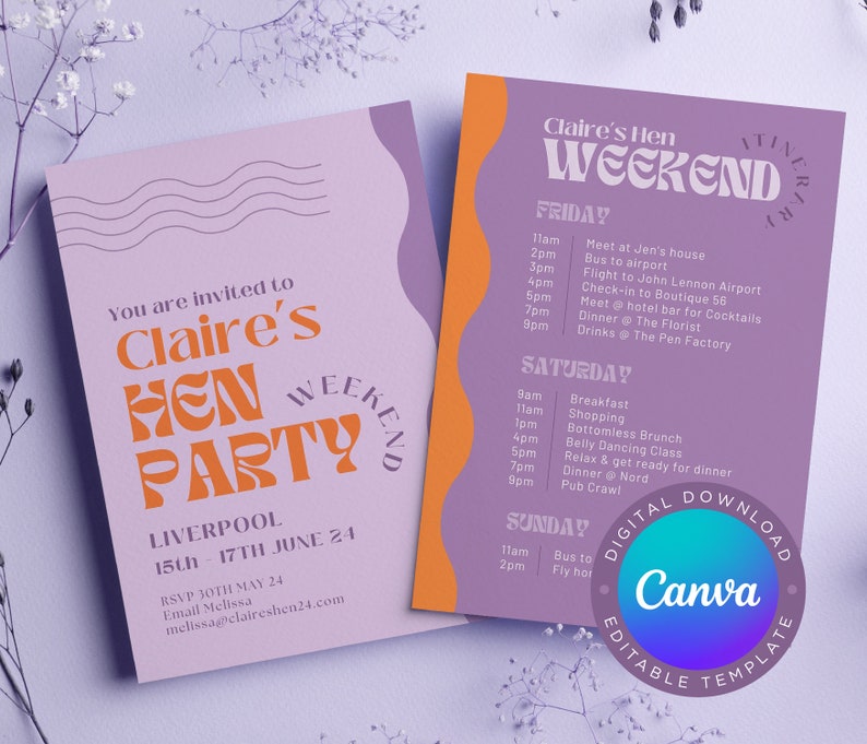 Retro Editable Hen Party Invitation, Purple/orange Hens Do Invite and ...