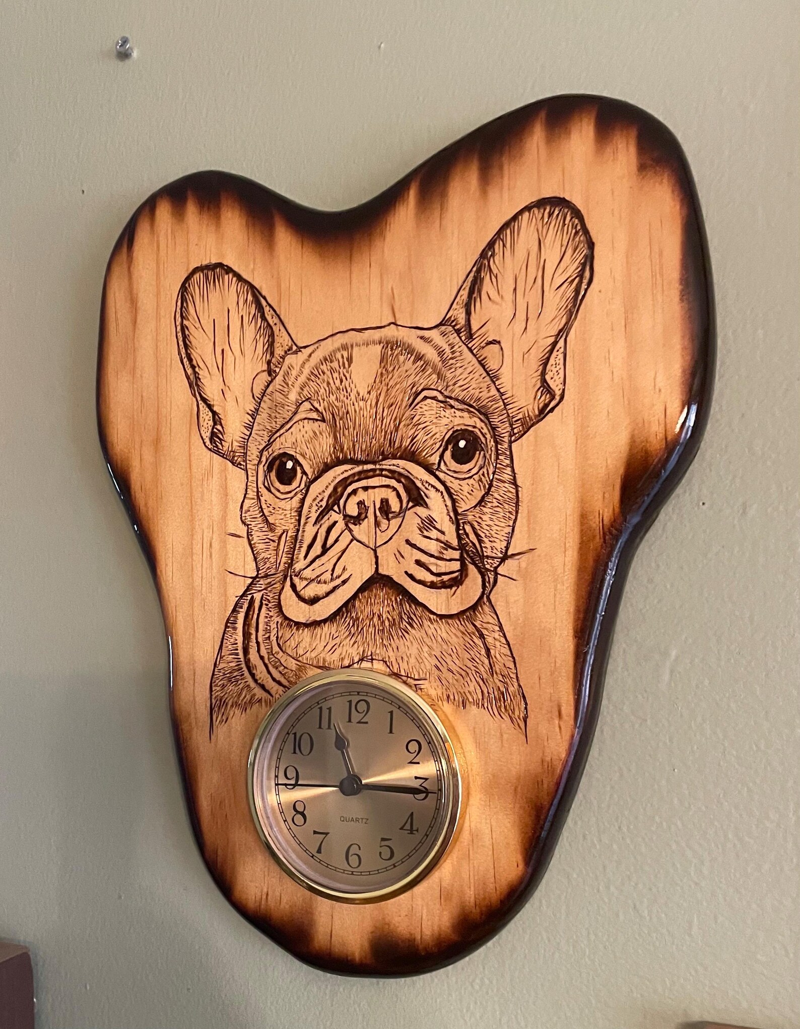 Pyrography Drawn French Bulldog Wall Clock With 3 1/2 Inch Quartz Clock ...