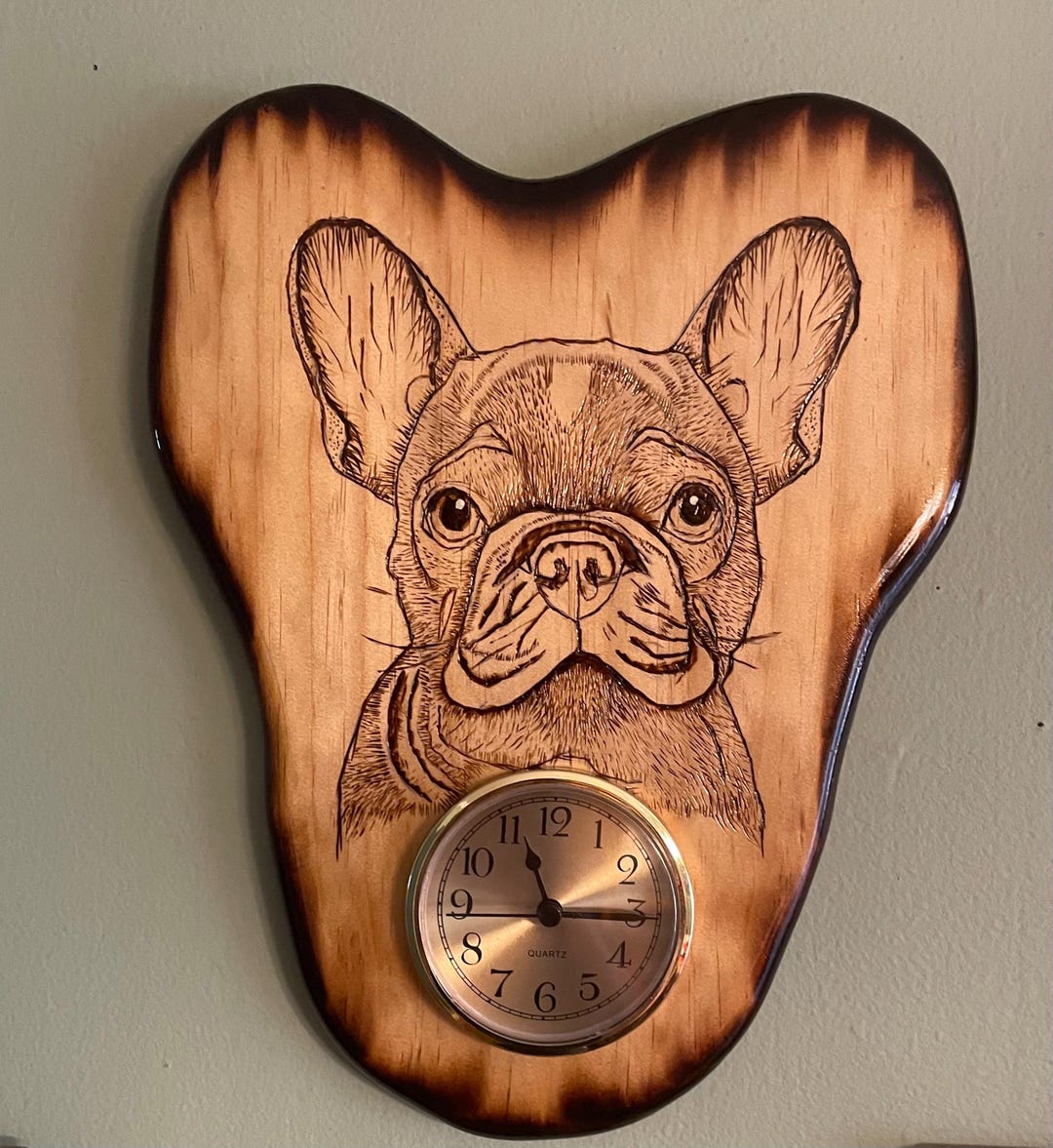 Pyrography Drawn French Bulldog Wall Clock With 3 1/2 Inch Quartz Clock ...