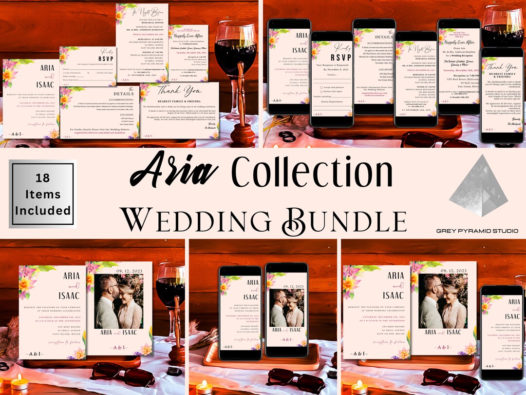 Aria Wedding Invitation Collection, Floral Wedding Bundle, Electronic ...