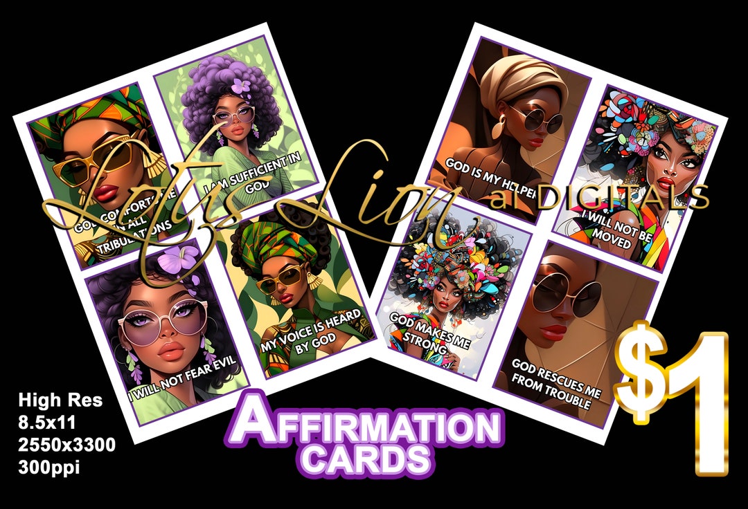 Digital Positive Affirmation Cards Set of 8 Self Esteem Self Care Black ...