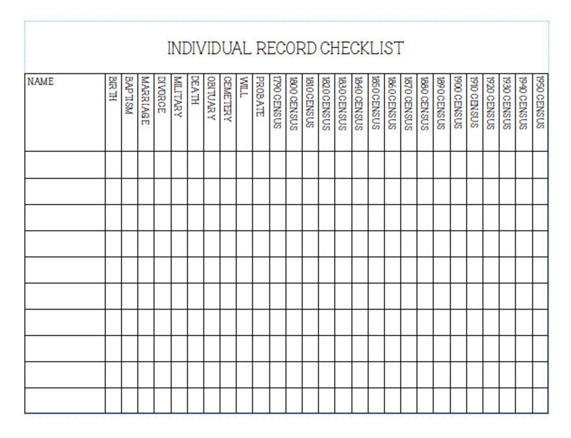 Individual Record Checklist - Family History Research - Etsy