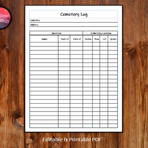 Cemetery Log - Family History Research - Etsy