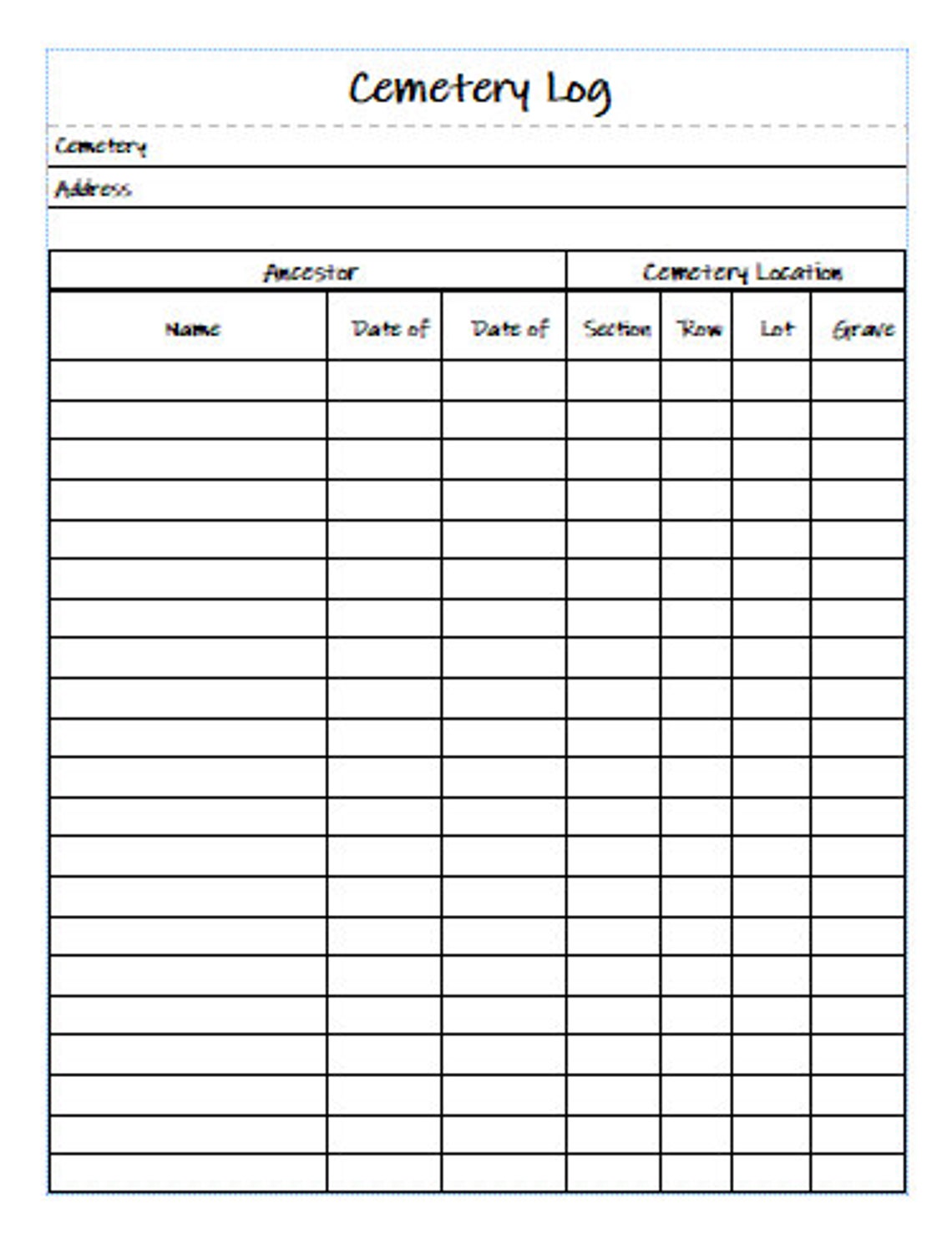 Cemetery Log - Family History Research - Etsy