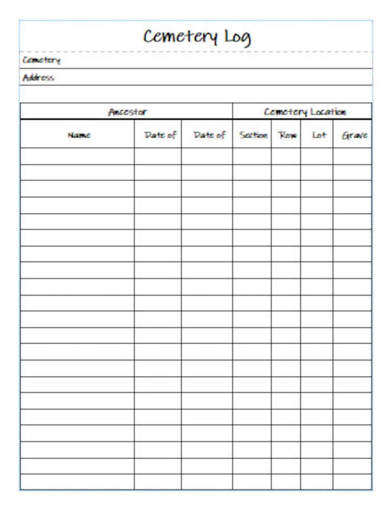 Cemetery Log - Family History Research - Etsy