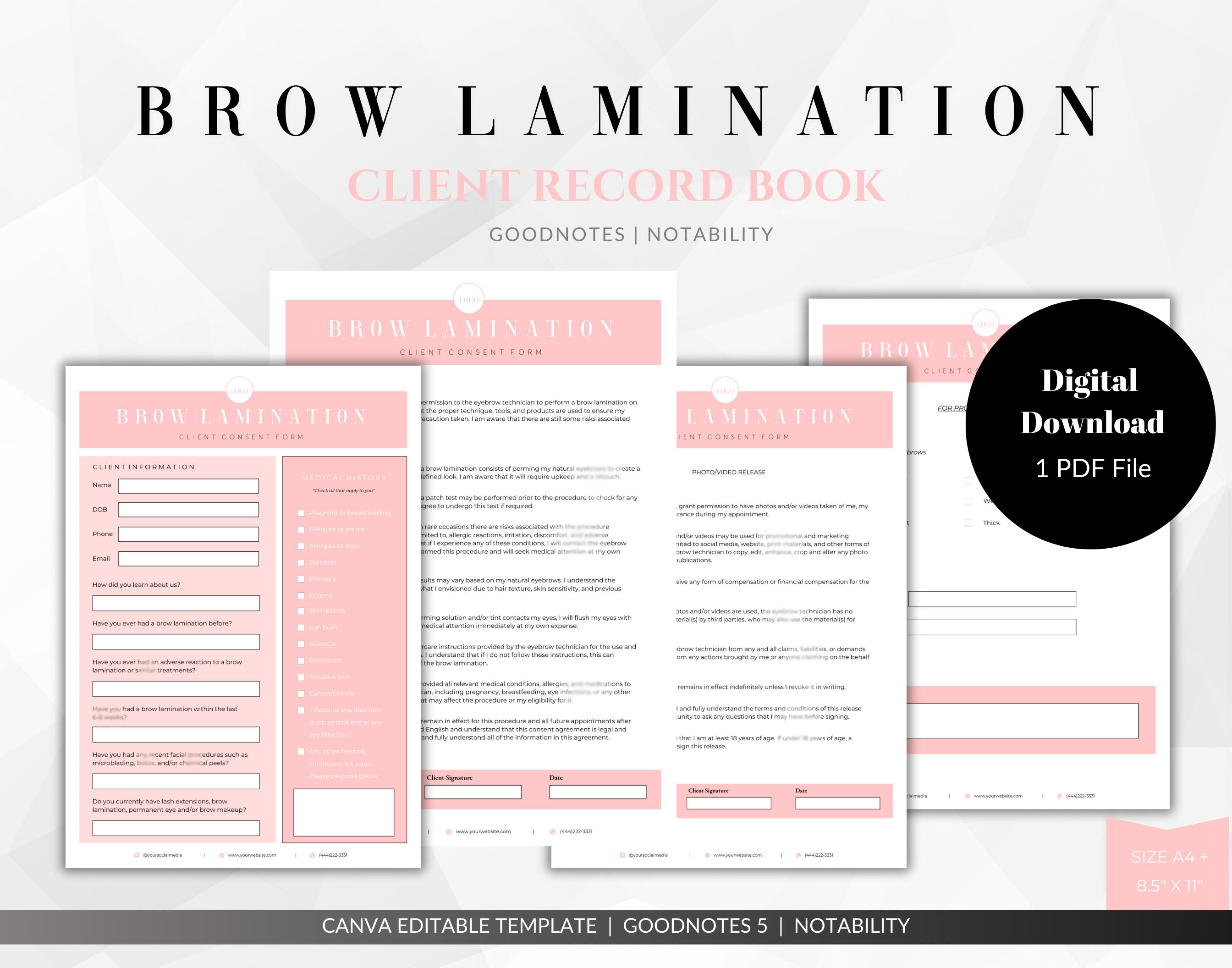 Brow Lamination Client Record Book | Brow Lamination Client Intake ...