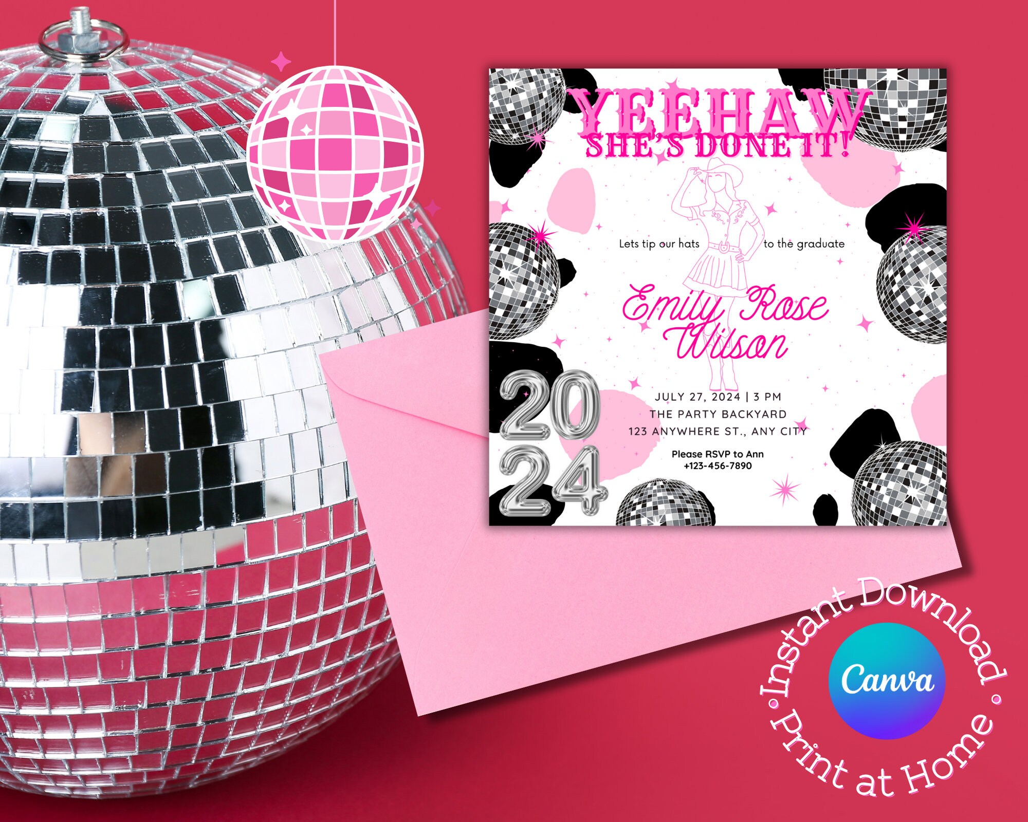 Disco Cowgirl Graduation Invitation, for Western Rodeo Party, Canva ...