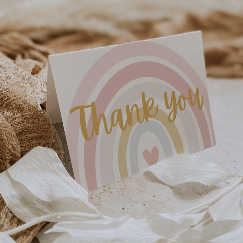 Boho Rainbow First Birthday Thank You Card Template (5x3.5, 5x7 Inch ...