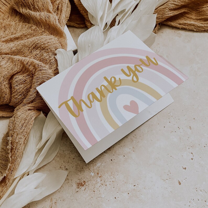 Boho Rainbow First Birthday Thank You Card Template (5x3.5, 5x7 Inch ...