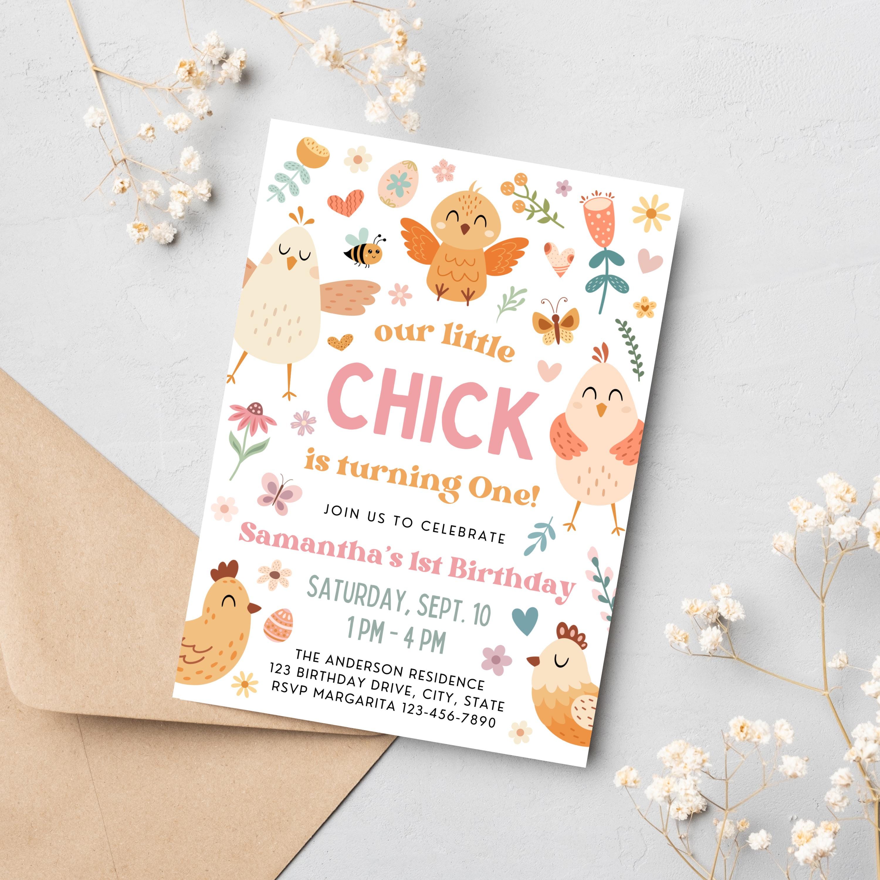 Our Little Chick is One Birthday Invite Editable, Chicken Spring First ...
