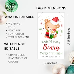 Beary Merry Christmas Gift Tag Print, Editable Bear Holiday Digital Kid ...